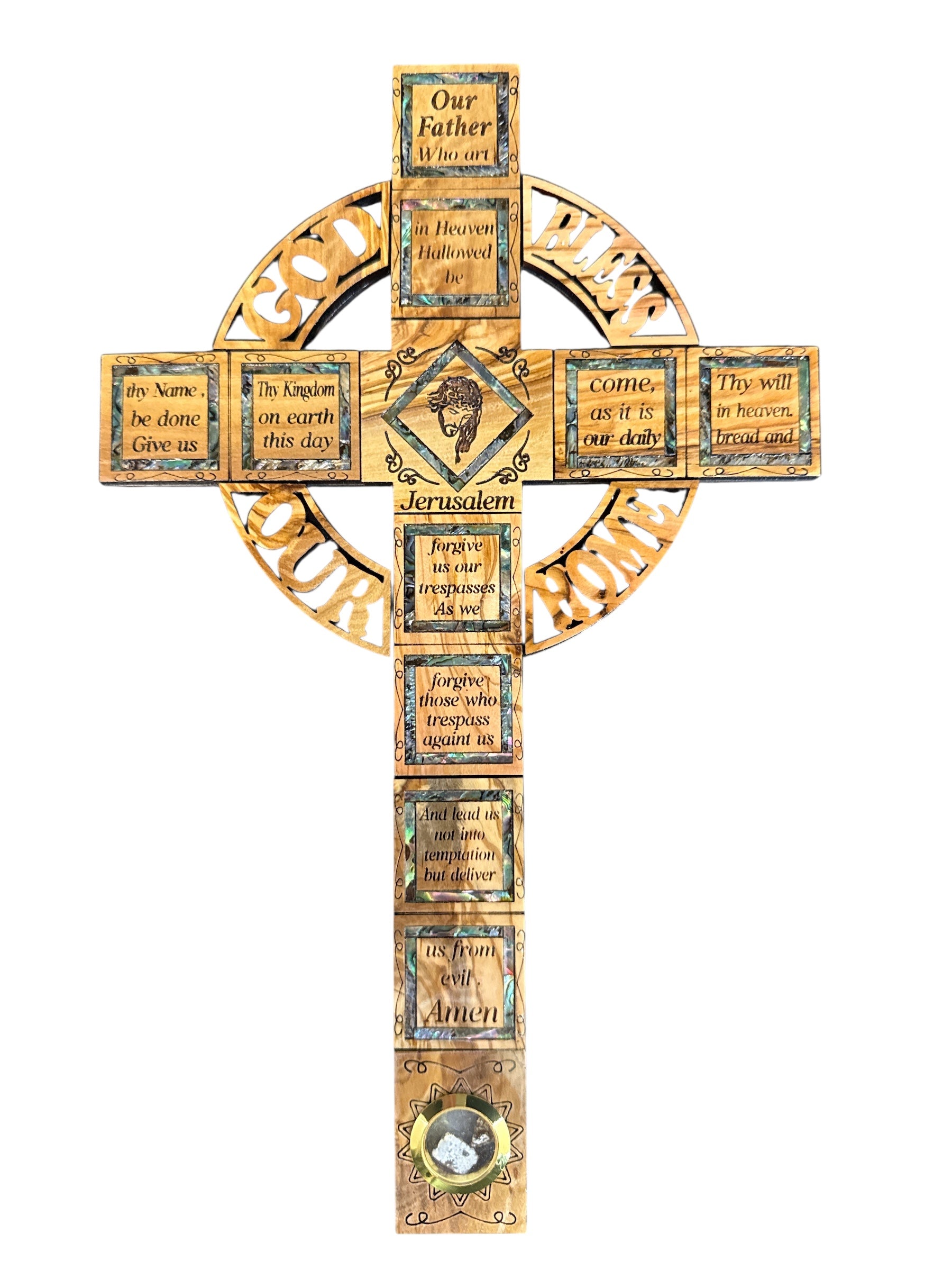 Our Father Cross – Olive Wood Wall Cross with Abalone Inlay & Holy Land ...