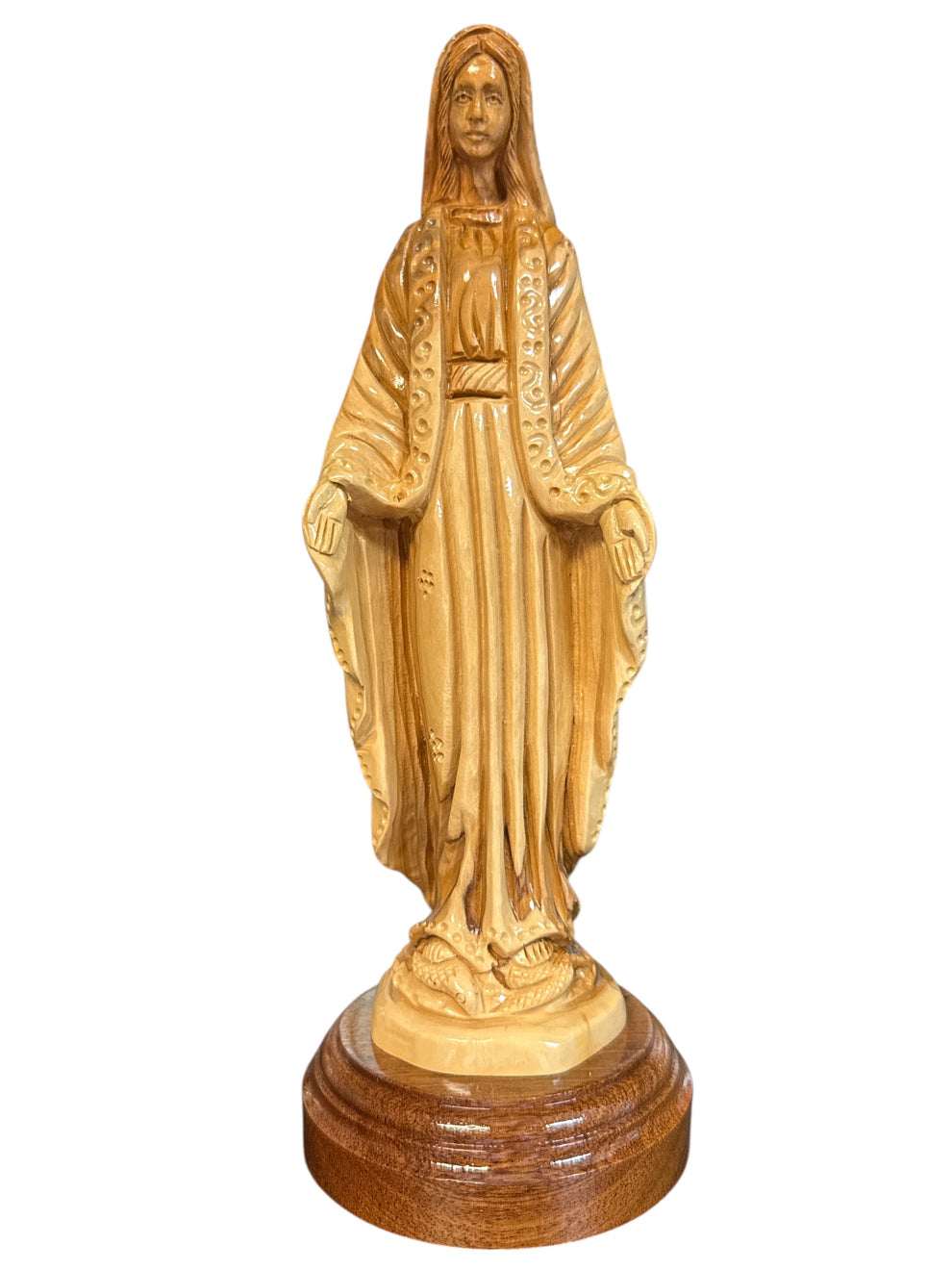 Our Lady of Grace – Hand-Carved Olive Wood Statue on Base (3″ × 3″ × 9 ...